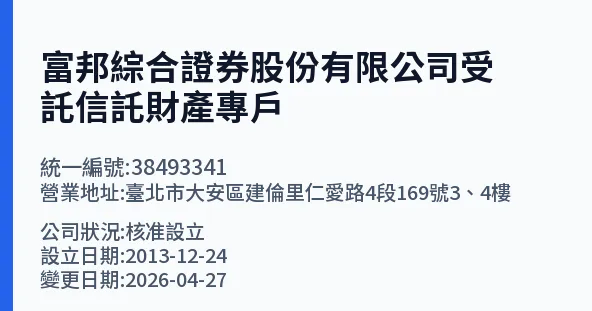 富邦綜合證券股份有限公司受託信託財產專戶的照片-統編 38493341(臺北市) 公司登記資料與營業項目詳細圖表