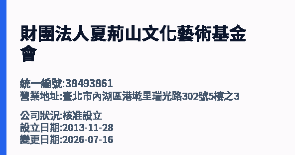 財團法人夏荊山文化藝術基金會的照片-統編 38493861 公司登記資料與營業項目詳細圖表