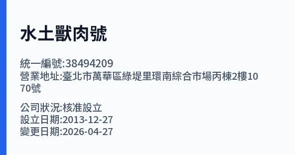 水土獸肉號的照片-統編 38494209(臺北市) 公司登記資料與營業項目詳細圖表