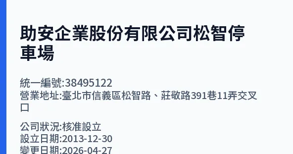 助安企業股份有限公司松智停車場的照片-統編 38495122(臺北市) 公司登記資料與營業項目詳細圖表