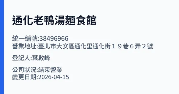 通化老鴨湯麵食館的照片-統編 38496966(臺北市) 公司登記資料與營業項目詳細圖表