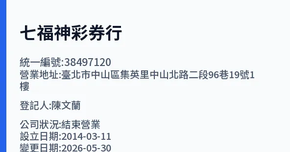 七福神彩券行的照片-統編 38497120(臺北市) 公司登記資料與營業項目詳細圖表