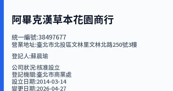 阿畢克漢草本花園商行的照片-統編 38497677(臺北市) 公司登記資料與營業項目詳細圖表