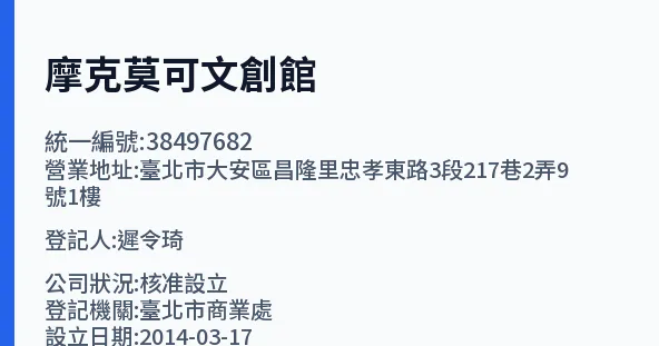 摩克莫可文創館的照片-統編 38497682(臺北市) 公司登記資料與營業項目詳細圖表