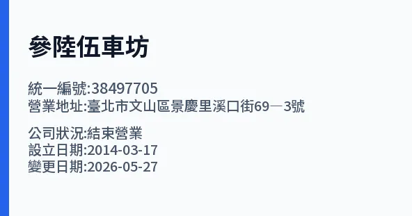 參陸伍車坊的照片-統編 38497705(臺北市) 公司登記資料與營業項目詳細圖表