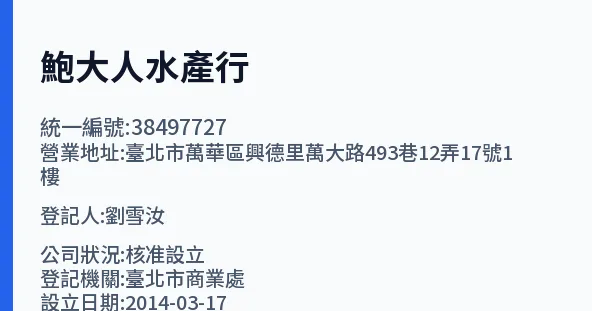 鮑大人水產行的照片-統編 38497727(臺北市) 公司登記資料與營業項目詳細圖表
