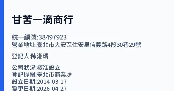 甘苦一滴商行的照片-統編 38497923(臺北市) 公司登記資料與營業項目詳細圖表