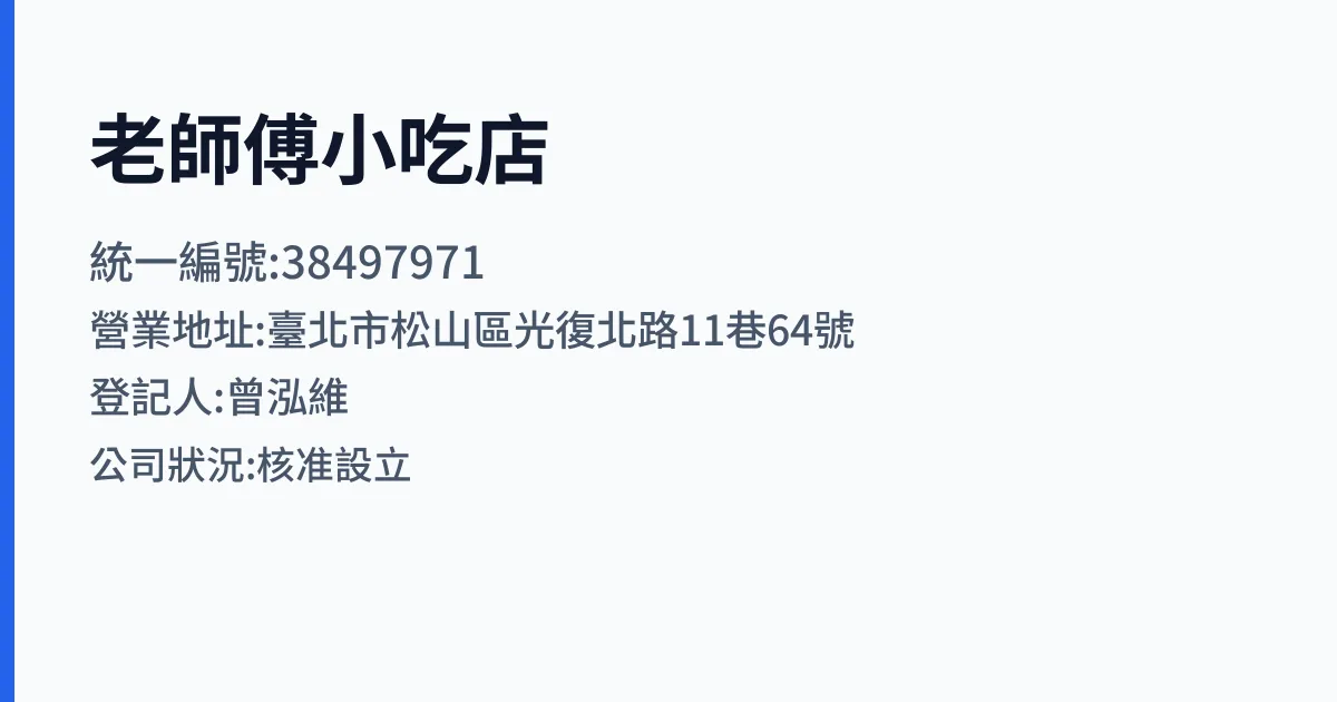 老師傅小吃店 - 統編 38497971(臺北市) 公司登記資料與營業項目詳細圖表