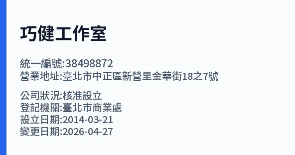 巧健工作室的照片-統編 38498872(臺北市) 公司登記資料與營業項目詳細圖表