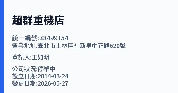 超群重機店的照片-統編 38499154(臺北市) 公司登記資料與營業項目詳細圖表