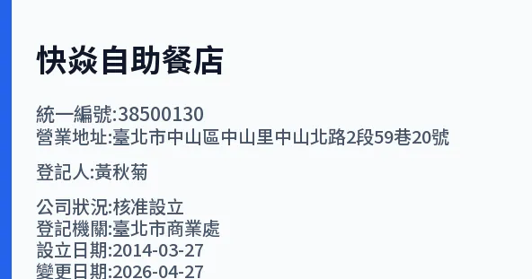 快焱自助餐店的照片-統編 38500130(臺北市) 公司登記資料與營業項目詳細圖表