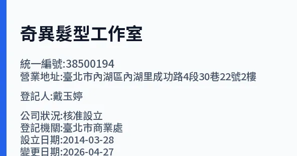 奇異髮型工作室的照片-統編 38500194(臺北市) 公司登記資料與營業項目詳細圖表