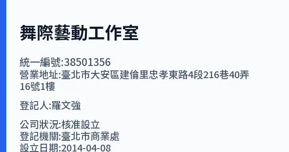 舞際藝動工作室的照片-統編 38501356(臺北市) 公司登記資料與營業項目詳細圖表