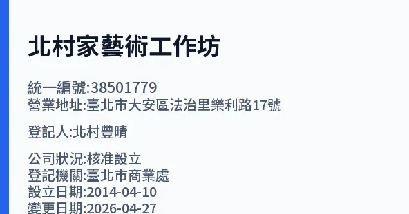 北村家藝術工作坊的照片-統編 38501779(臺北市) 公司登記資料與營業項目詳細圖表