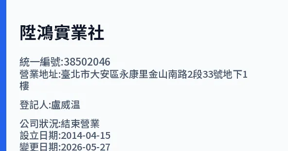 陞鴻實業社的照片-統編 38502046(臺北市) 公司登記資料與營業項目詳細圖表
