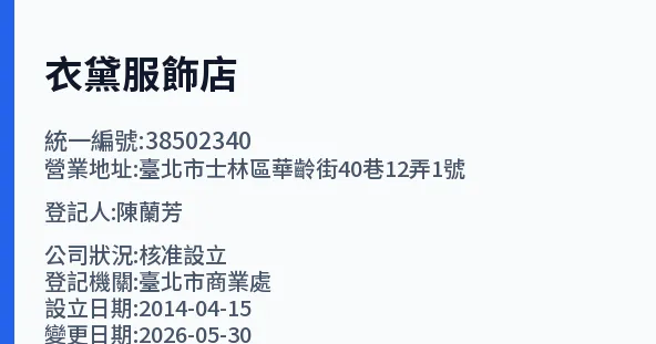 衣黛服飾店的照片-統編 38502340(臺北市) 公司登記資料與營業項目詳細圖表