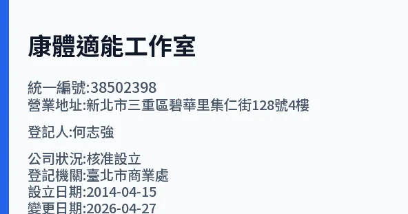 康體適能工作室的照片-統編 38502398(新北市) 公司登記資料與營業項目詳細圖表