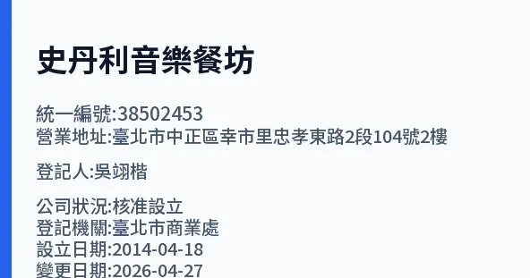 史丹利音樂餐坊的照片-統編 38502453(臺北市) 公司登記資料與營業項目詳細圖表