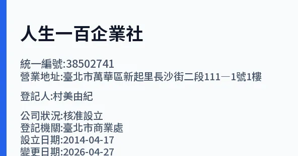 人生一百企業社的照片-統編 38502741(臺北市) 公司登記資料與營業項目詳細圖表