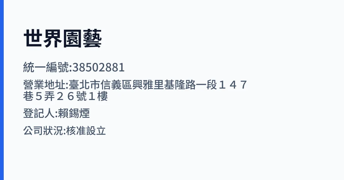 世界園藝 - 統編 38502881(臺北市) 公司登記資料與營業項目詳細圖表