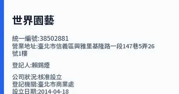 世界園藝的照片-統編 38502881(臺北市) 公司登記資料與營業項目詳細圖表