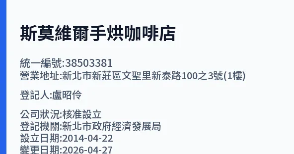 斯莫維爾手烘咖啡店的照片-統編 38503381(新北市) 公司登記資料與營業項目詳細圖表