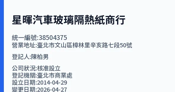 星暉汽車玻璃隔熱紙商行的照片-統編 38504375(臺北市) 公司登記資料與營業項目詳細圖表