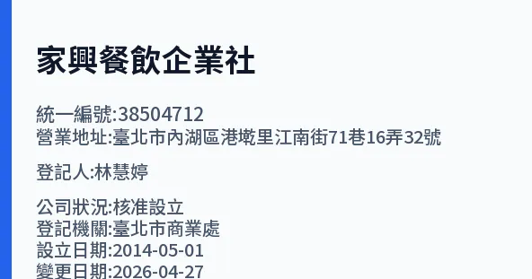 家興餐飲企業社的照片-統編 38504712(臺北市) 公司登記資料與營業項目詳細圖表