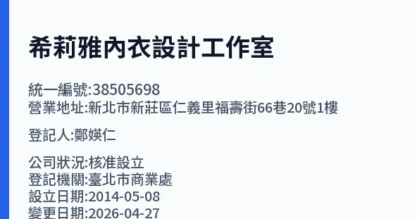 希莉雅內衣設計工作室的照片-統編 38505698(新北市) 公司登記資料與營業項目詳細圖表
