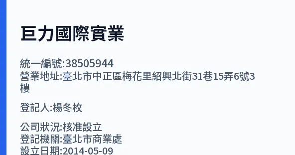 巨力國際實業的照片-統編 38505944(臺北市) 公司登記資料與營業項目詳細圖表