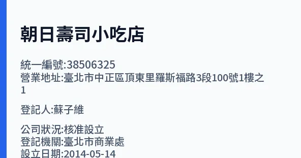 朝日壽司小吃店的照片-統編 38506325(臺北市) 公司登記資料與營業項目詳細圖表