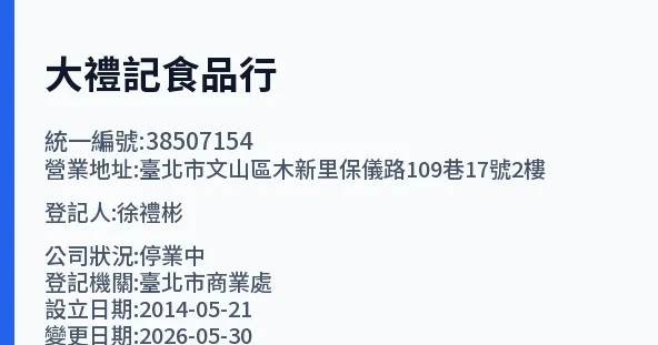 大禮記食品行的照片-統編 38507154(臺北市) 公司登記資料與營業項目詳細圖表