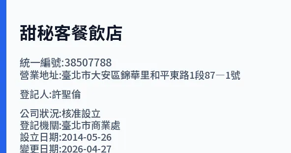 甜秘客餐飲店的照片-統編 38507788(臺北市) 公司登記資料與營業項目詳細圖表