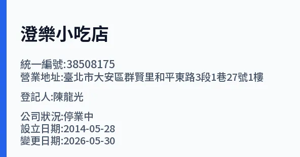 澄樂小吃店的照片-統編 38508175(臺北市) 公司登記資料與營業項目詳細圖表
