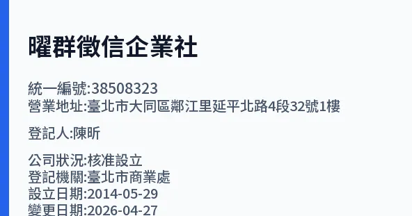 曜群徵信企業社的照片-統編 38508323(臺北市) 公司登記資料與營業項目詳細圖表