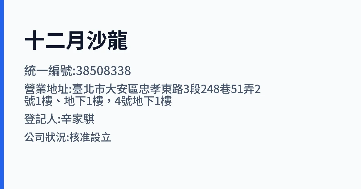 十二月沙龍 - 統編 38508338(臺北市) 公司登記資料與營業項目詳細圖表