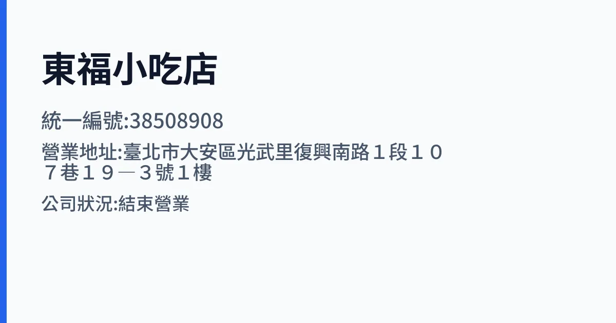 東福小吃店 - 統編 38508908(臺北市) 公司登記資料與營業項目詳細圖表