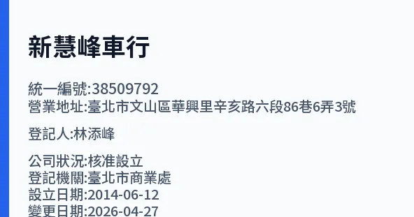 新慧峰車行的照片-統編 38509792(臺北市) 公司登記資料與營業項目詳細圖表
