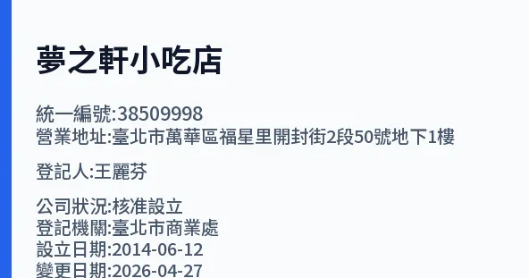 夢之軒小吃店的照片-統編 38509998(臺北市) 公司登記資料與營業項目詳細圖表