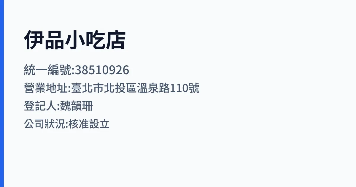 伊品小吃店 - 統編 38510926（臺北市） 公司登記資料與營業項目詳細圖表