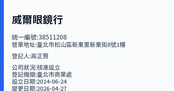 威爾眼鏡行的照片-統編 38511208(臺北市) 公司登記資料與營業項目詳細圖表