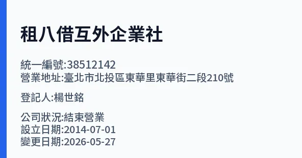 租八借互外企業社的照片-統編 38512142(臺北市) 公司登記資料與營業項目詳細圖表