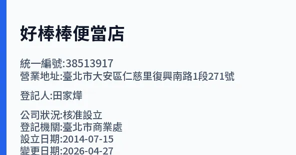 好棒棒便當店的照片-統編 38513917(臺北市) 公司登記資料與營業項目詳細圖表