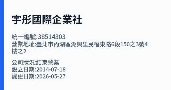 宇彤國際企業社的照片-統編 38514303(臺北市) 公司登記資料與營業項目詳細圖表