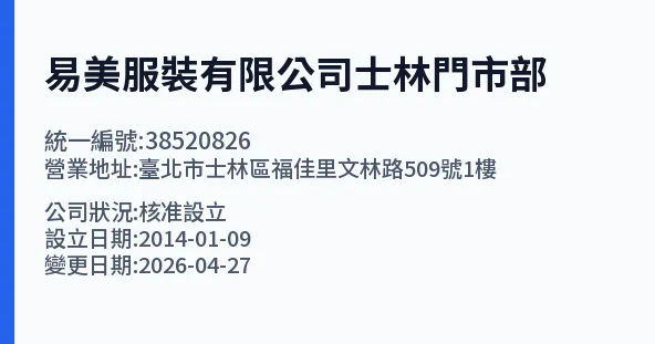 易美服裝有限公司士林門市部的照片-統編 38520826(臺北市) 公司登記資料與營業項目詳細圖表