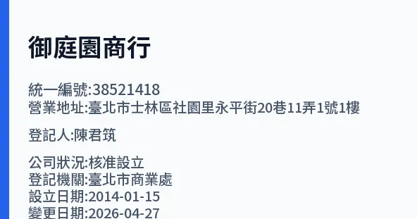 御庭園商行的照片-統編 38521418(臺北市) 公司登記資料與營業項目詳細圖表