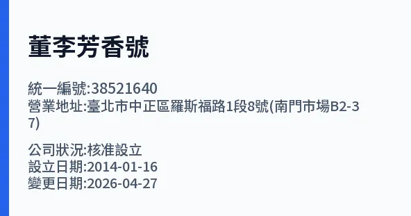 董李芳香號的照片-統編 38521640(臺北市) 公司登記資料與營業項目詳細圖表