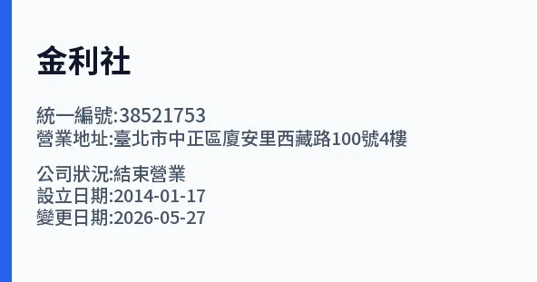 金利社的照片-統編 38521753(臺北市) 公司登記資料與營業項目詳細圖表