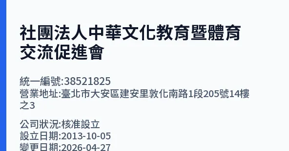 社團法人中華文化教育暨體育交流促進會的照片-統編 38521825(臺北市) 公司登記資料與營業項目詳細圖表
