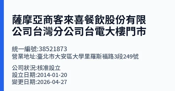 薩摩亞商客來喜餐飲股份有限公司台灣分公司台電大樓門市的照片-統編 38521873(臺北市) 公司登記資料與營業項目詳細圖表